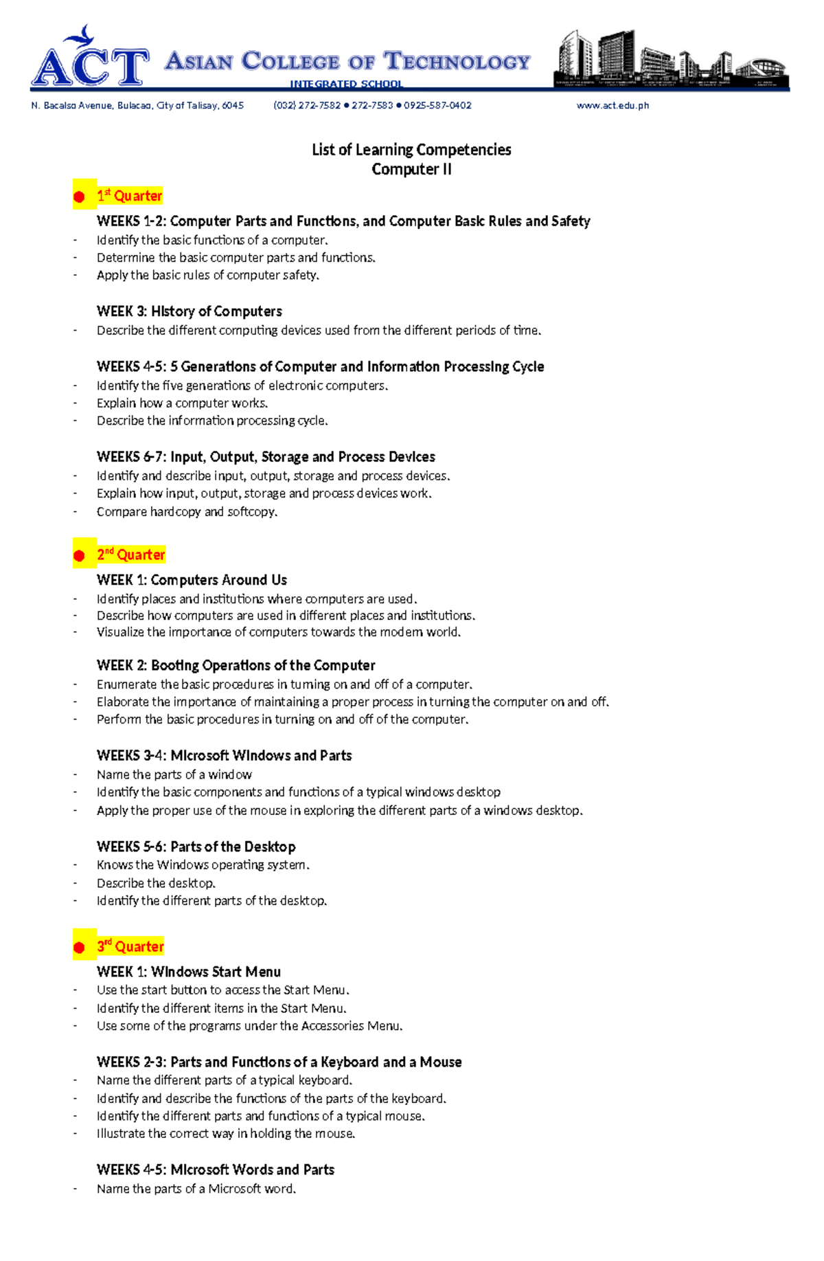 Computer II List of Learning Competencies - List of Learning ...