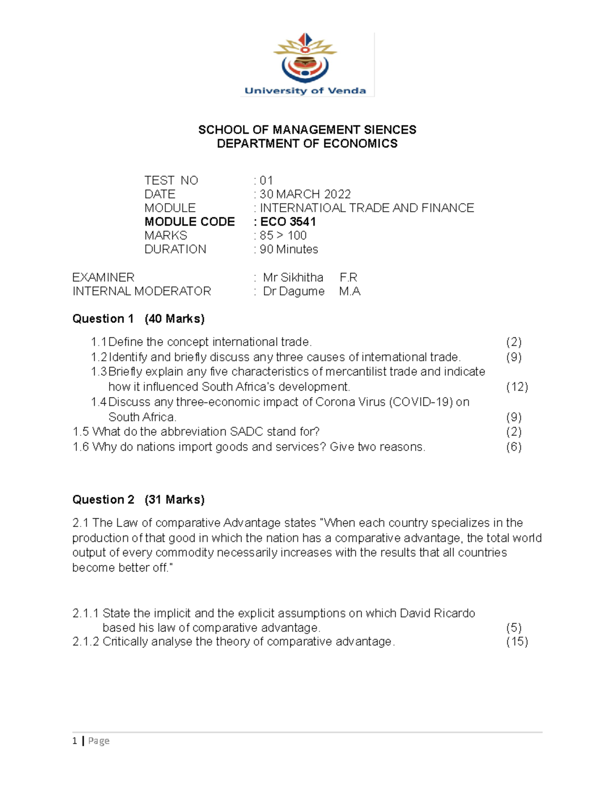 Eco 3541 test 1 - Eco3541 Test 1 Question Paper 2021 - SCHOOL OF ...