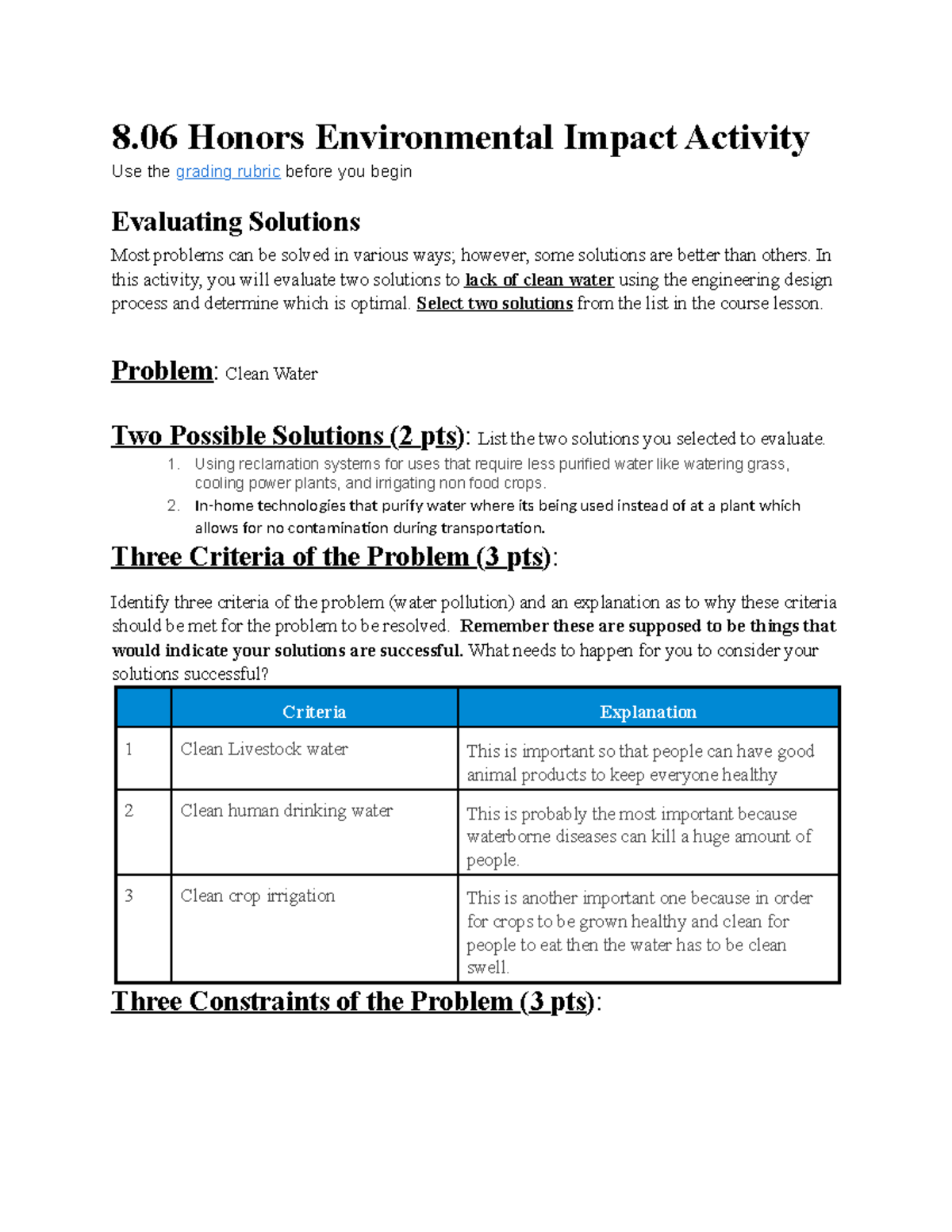 8.06H - Energy and Water - 8 Honors Environmental Impact Activity Use ...
