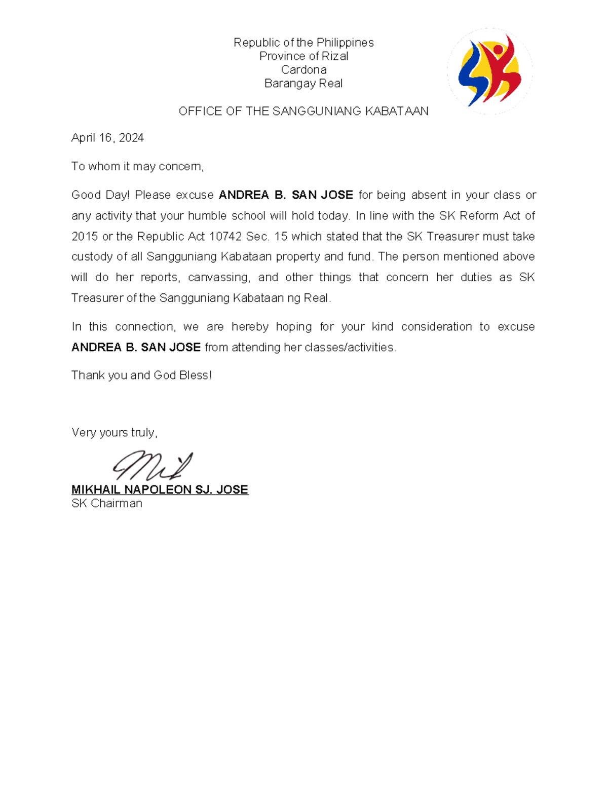 Excuse-letter-skalmodea - Republic of the Philippines Province of Rizal ...