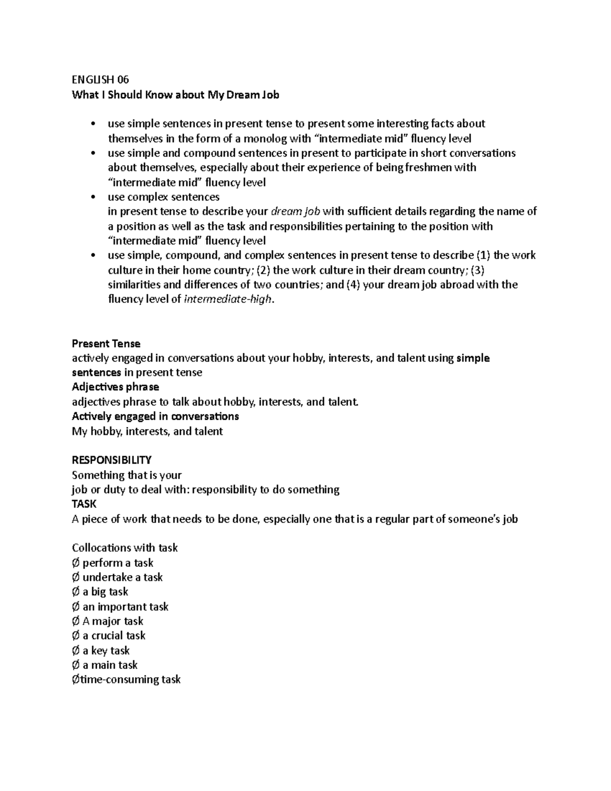 English 06 - ENGLISH 06 What I Should Know about My Dream Job use ...