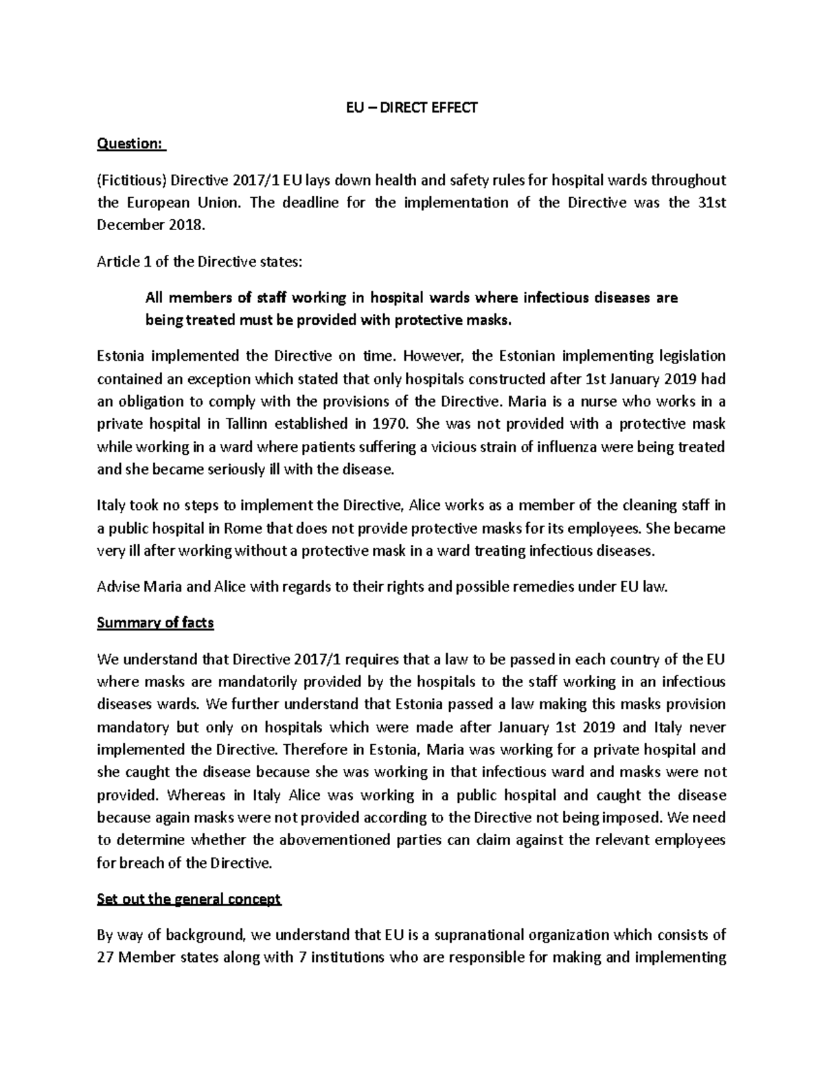 EU - Direct Effect - Answer structure - EU – DIRECT EFFECT Question ...