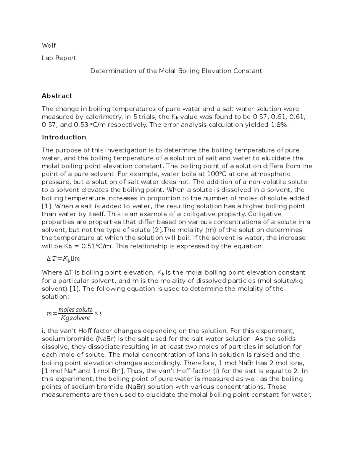 Molal boiling point lab report Wolf - Wolf Lab Report Determination of ...