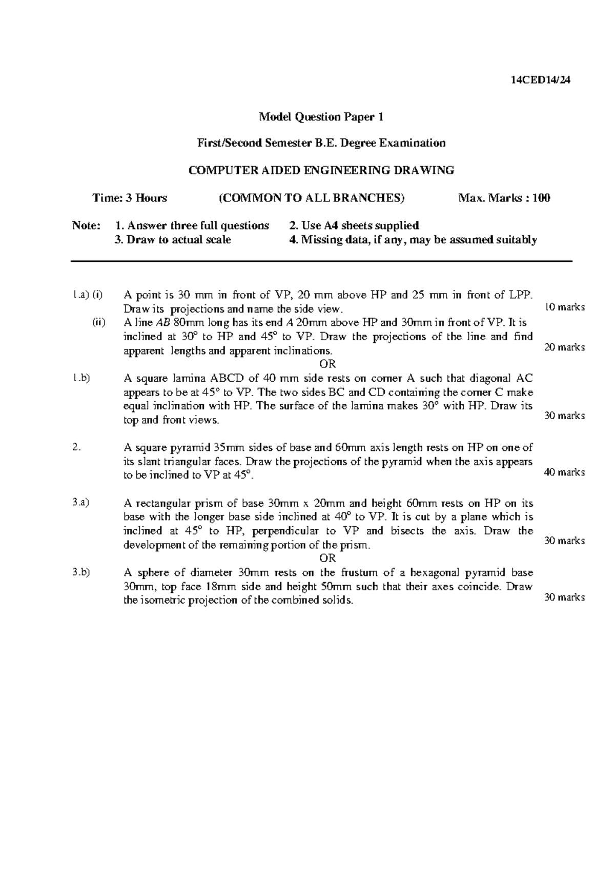 Caed1 - Student - 14CED14/ Model Question Paper 1 First/Second Semester ...