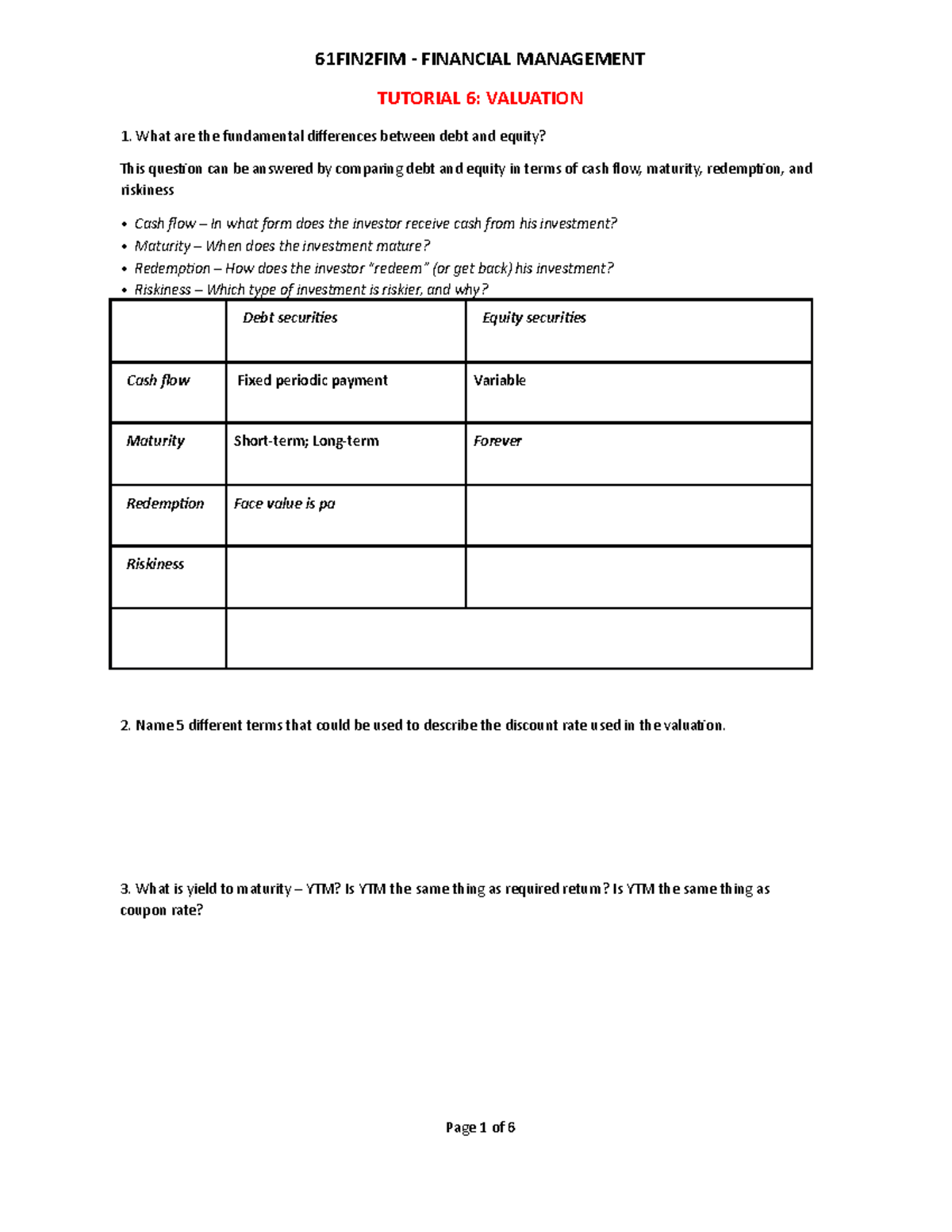 Tutorial 6 Valuation SV - 61FIN2FIM - FINANCIAL MANAGEMENT TUTORIAL 6 ...