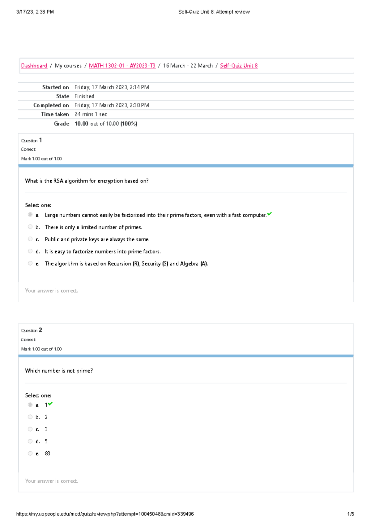 Maths 1302 Self-Quiz Unit 8 Attempt review - Started on Friday, 17 March 2023, 2:14 PM State ...