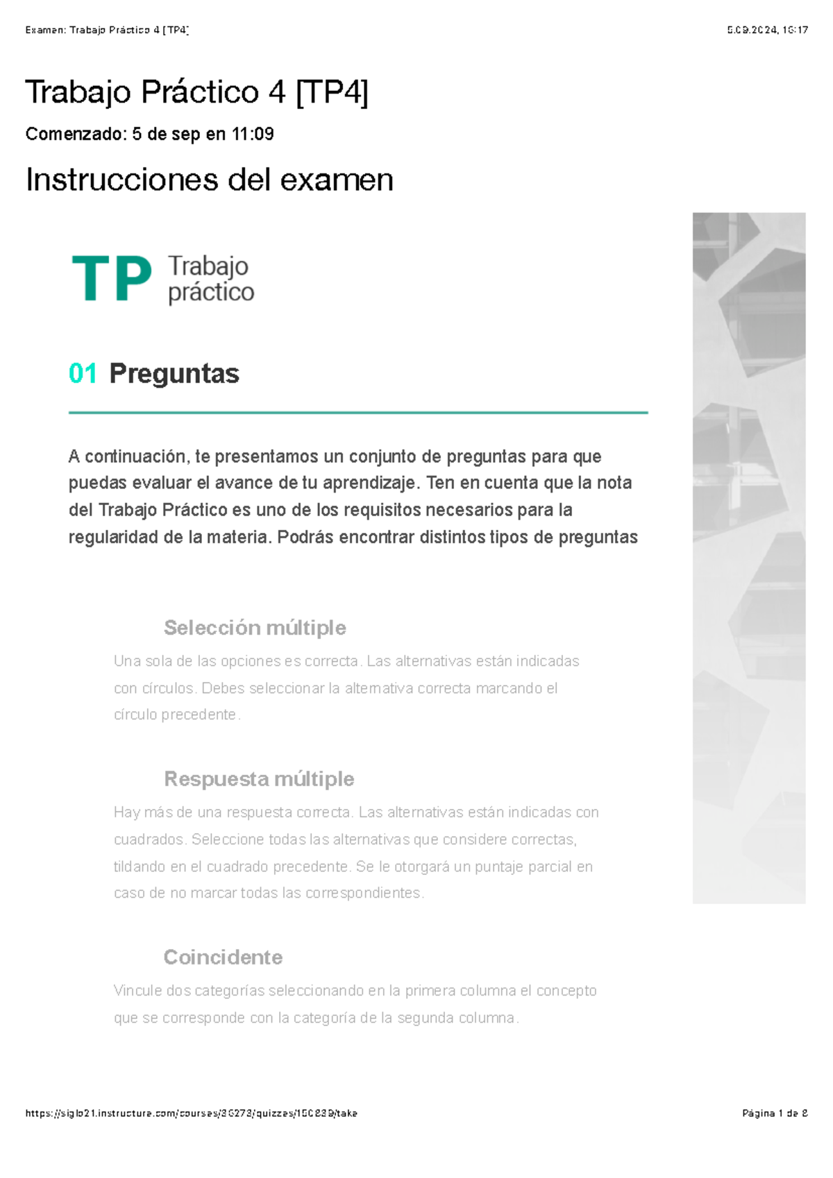 Examen: Trabajo Práctico 4 [TP4] - Trabajo Práctico 4 [TP4] Comenzado: 5 de sep en 11: - Studocu