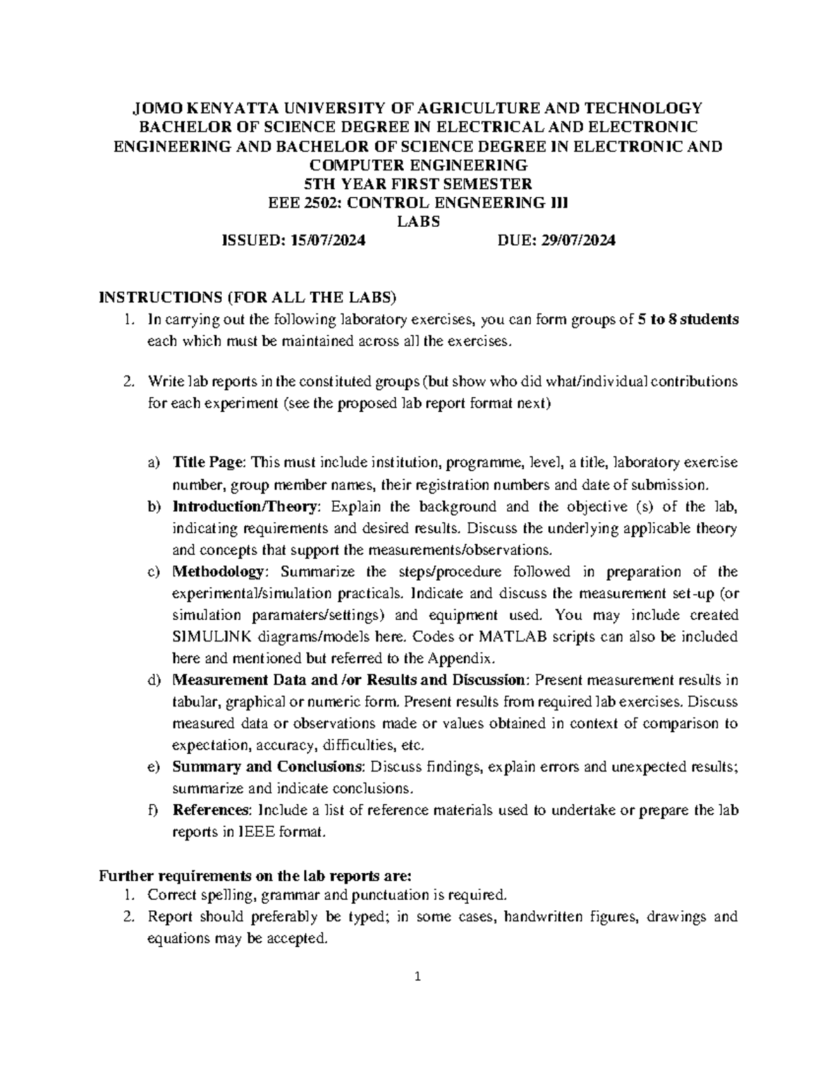 EEE2502- Control ENG-III-LAB2 - JOMO KENYATTA UNIVERSITY OF AGRICULTURE AND TECHNOLOGY BACHELOR ...