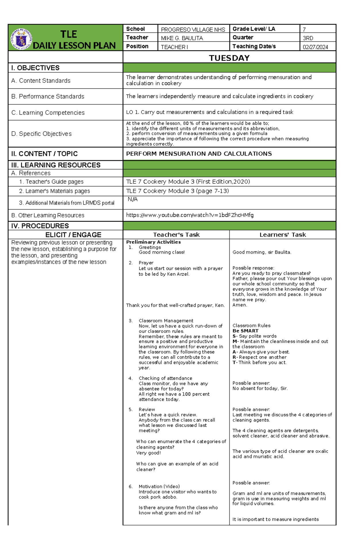Cookery Lesson PLAN - TEACHING AND LEARNING NOTES - School PROGRESO ...