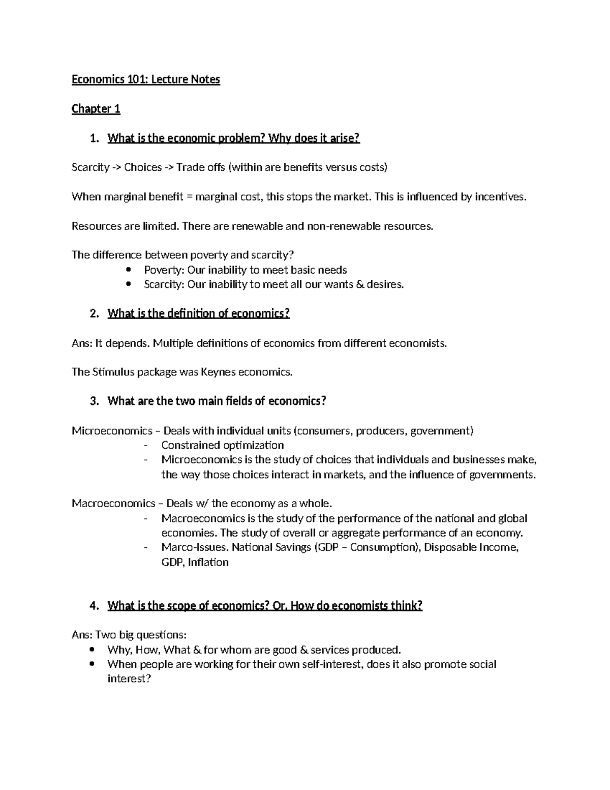 Econ 101 - Notes - Economics 101: Lecture Notes Chapter 1 1. What is ...
