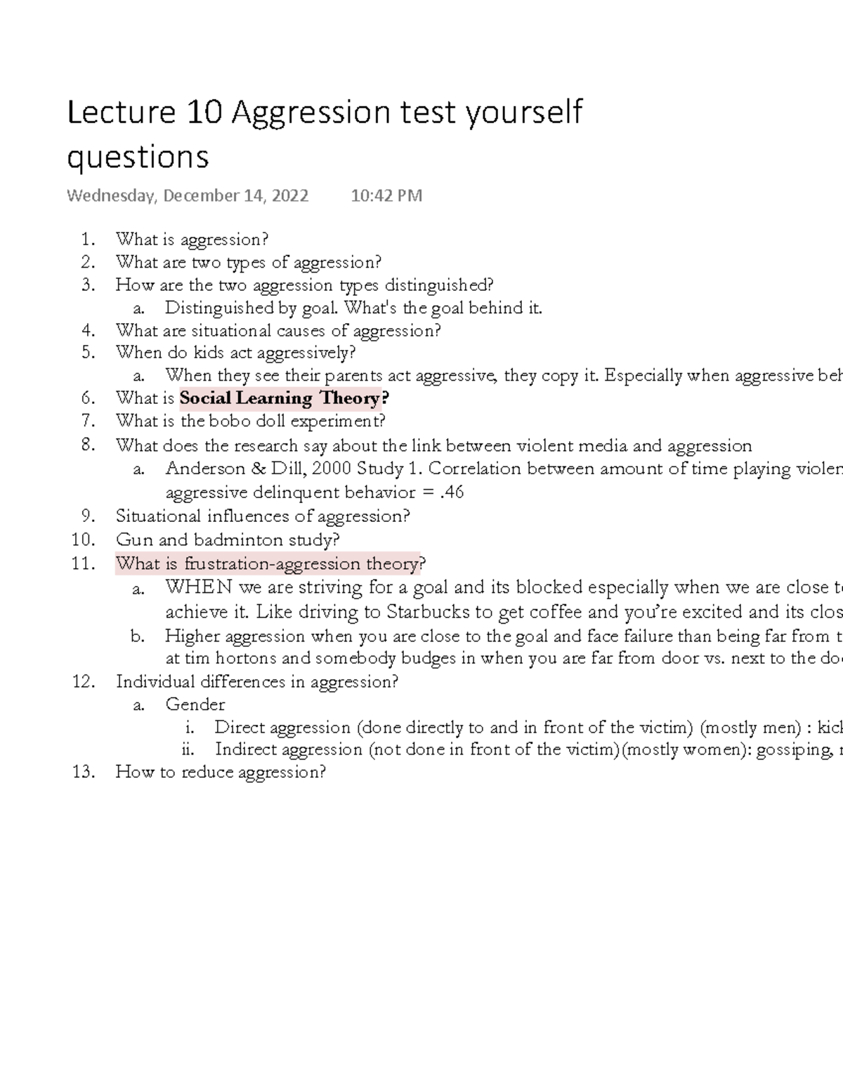 Lecture 10 Aggression test yourself questions - What is aggression ...