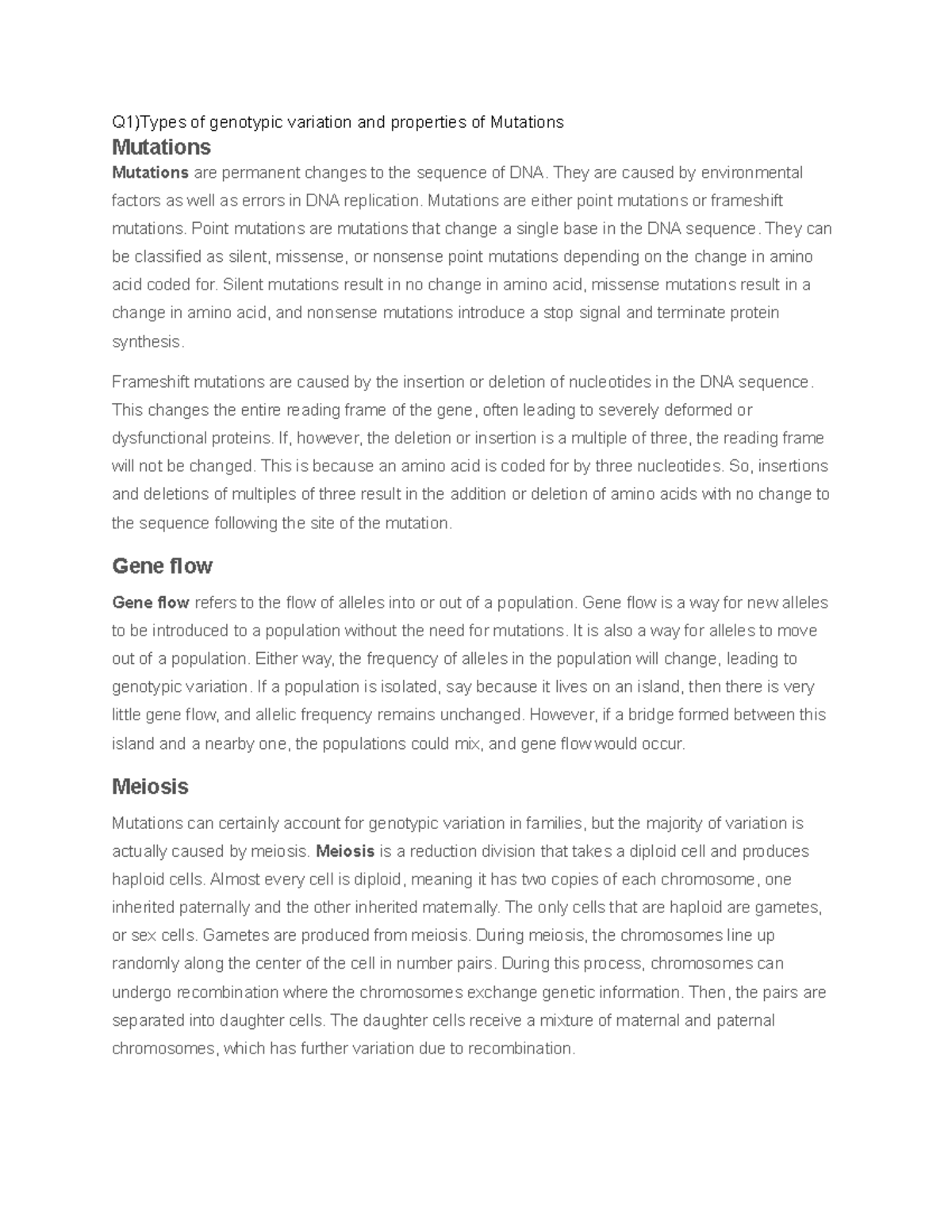 Biology Q1-Q25 - Notes - Q1)Types of genotypic variation and properties ...