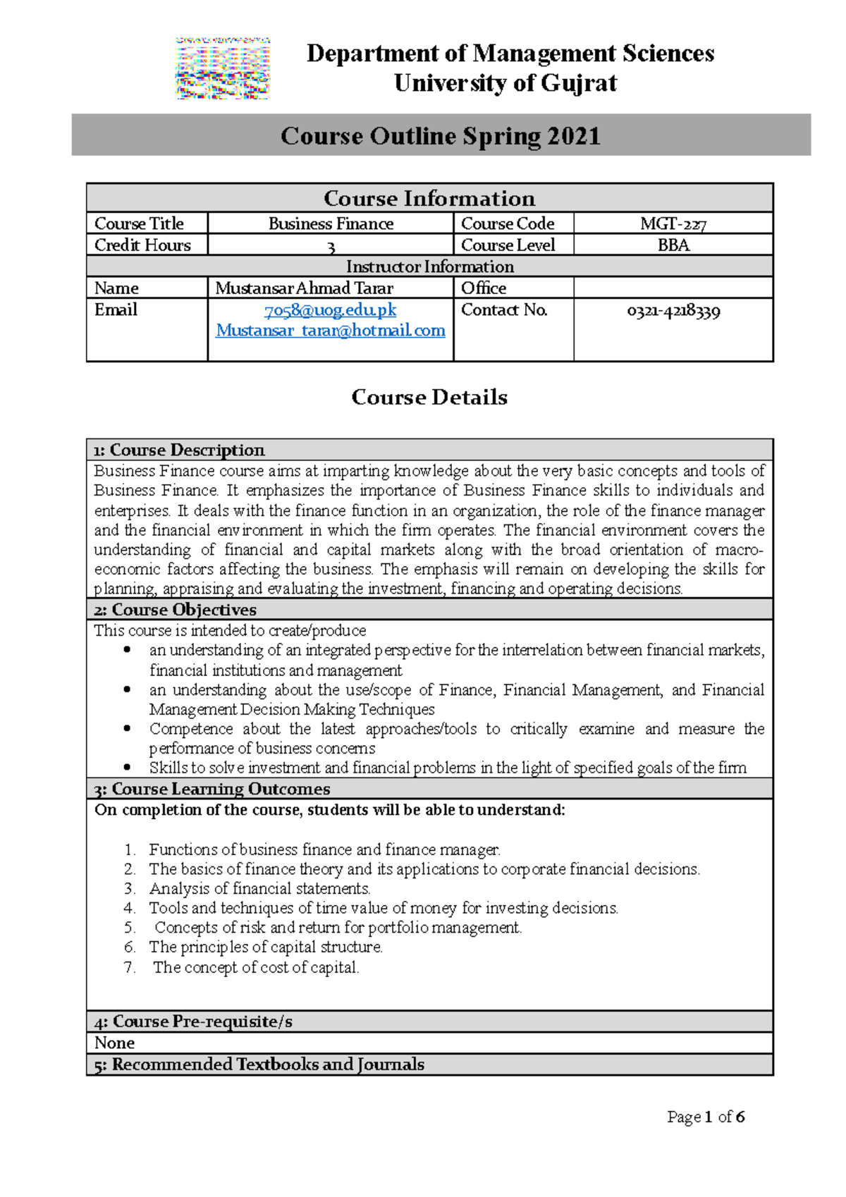 MGT-227 - Yes - Course Outline Spring 2021 University of Gujrat Course Information Course Title ...
