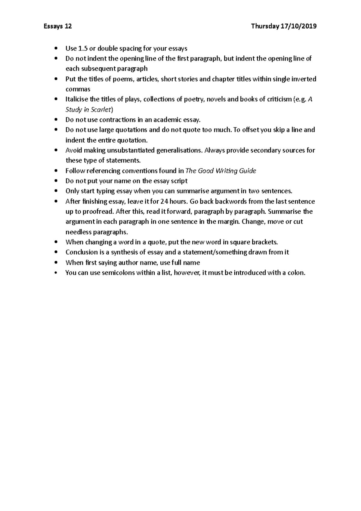 Lecture 12 - Essays 2 - Essays 12 Thursday 17/10/ Use 1 or double ...