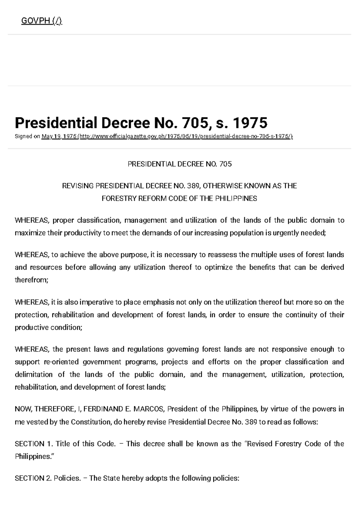 Phi19101 - Lecture - Presidential Decree No. 705, s. 1975 Signed on May ...