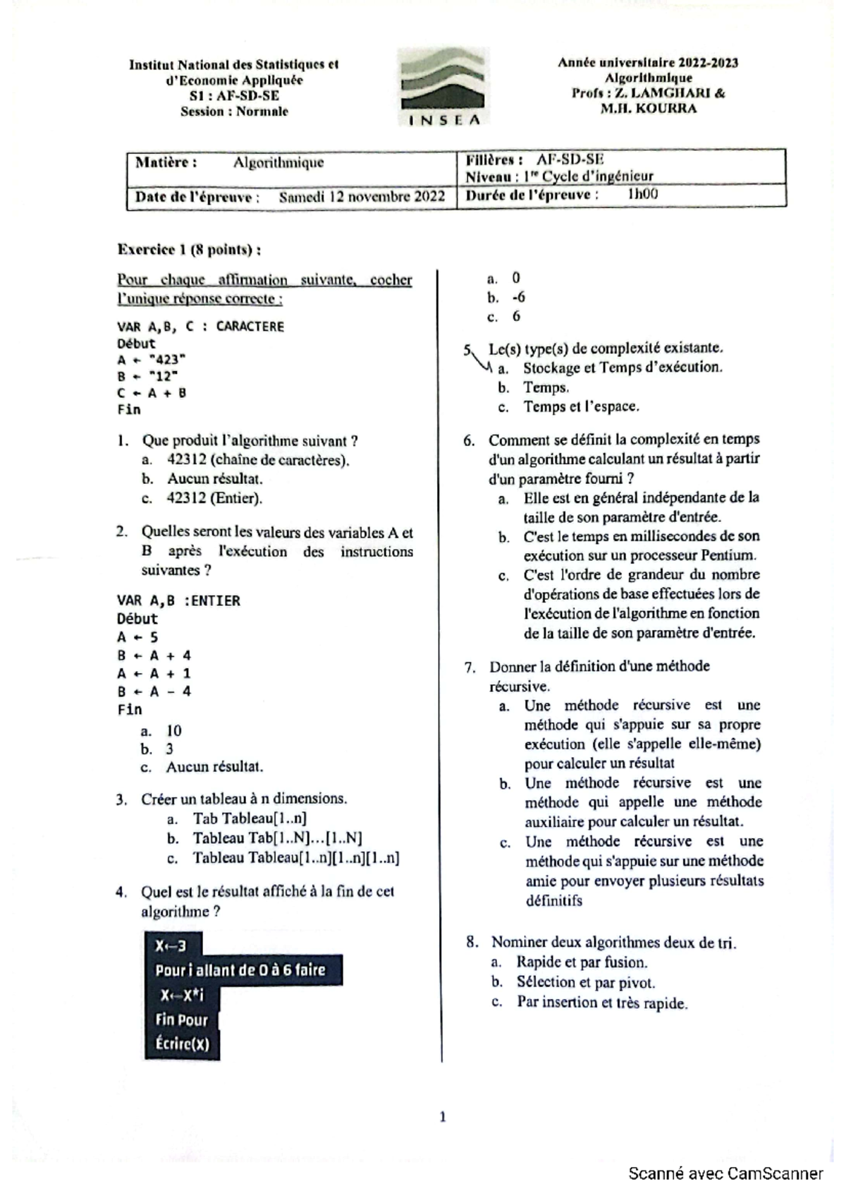 Examen algorithmique - none - Institut National des Statistiques et Année universitaire ...