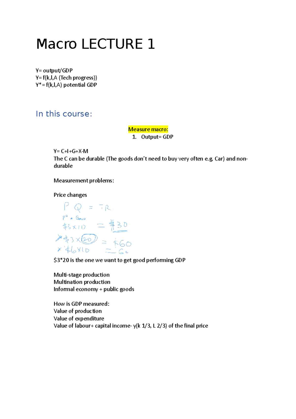 Macro Lec 6 - LECTURE NOTE - Macro LECTURE 1 Y= output/GDP Y= f(k,l,A (Tech progress)) Y*= f(k,l ...