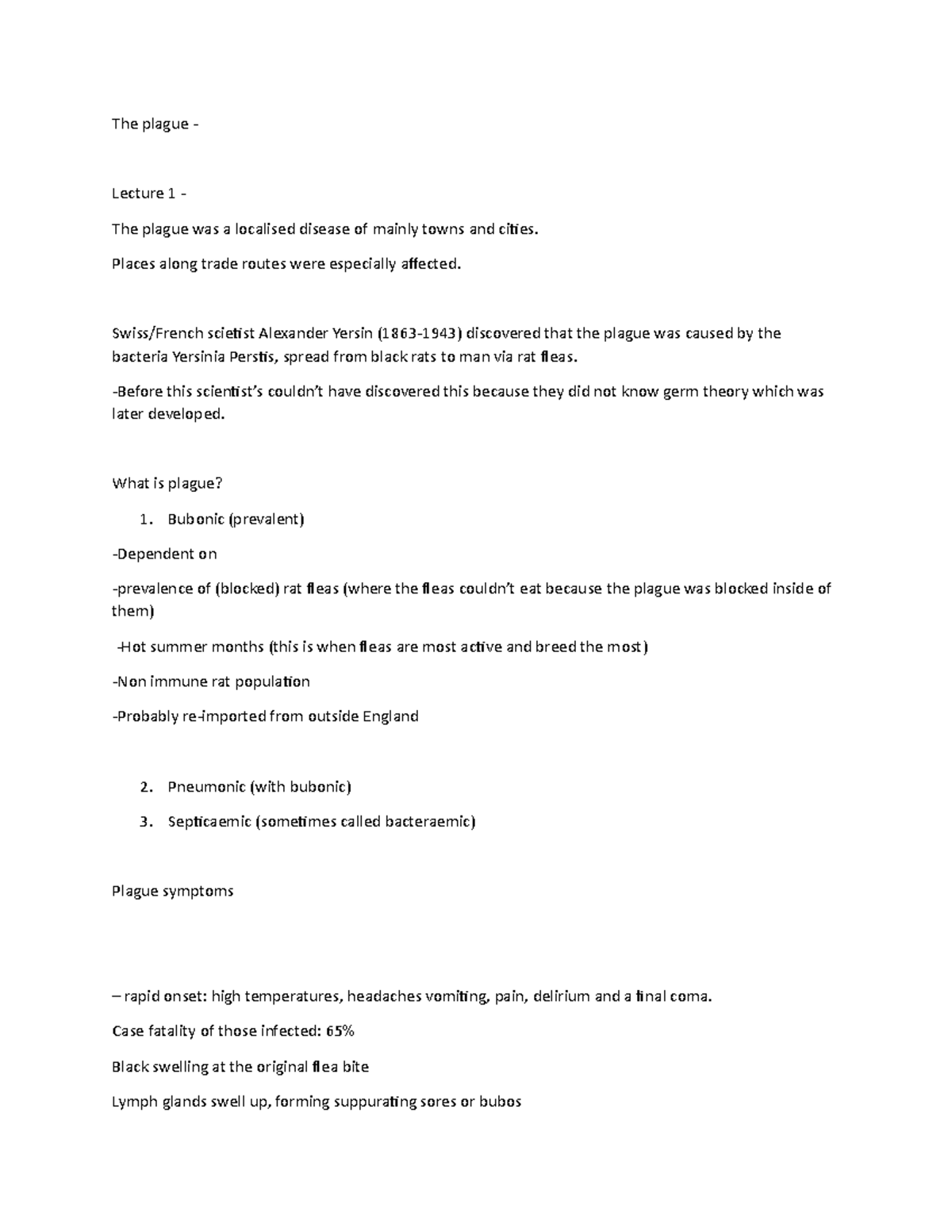 History Lab II lecture 1 - plague - The plague - Lecture 1 - The plague ...