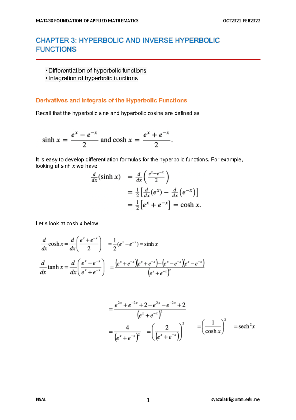 MAT438 Week 6 - foundation of mathematics - CHAPTER 3 : HYPERBOLIC AND INVERSE HYPERBOLIC ...