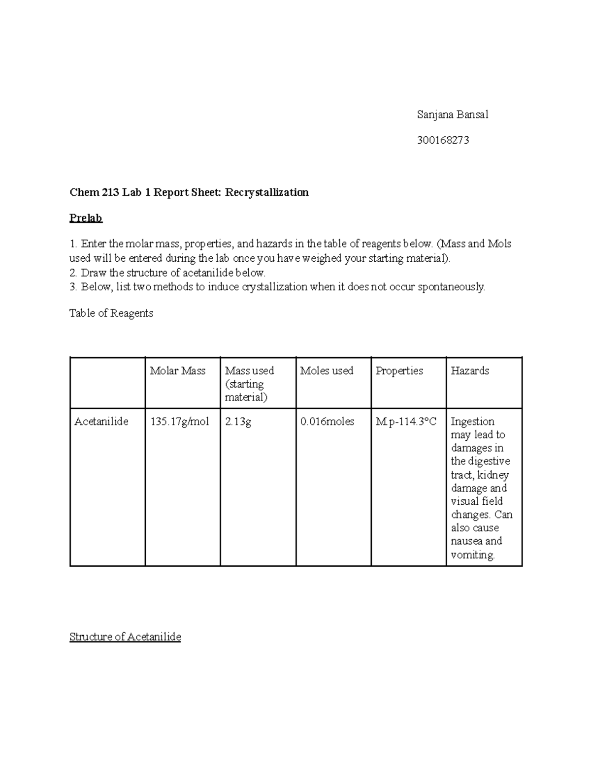 Chem 213 Lab 1 Report Sheet Recrystallization - Sanjana Bansal 300168273 Chem 213 Lab 1 Report ...