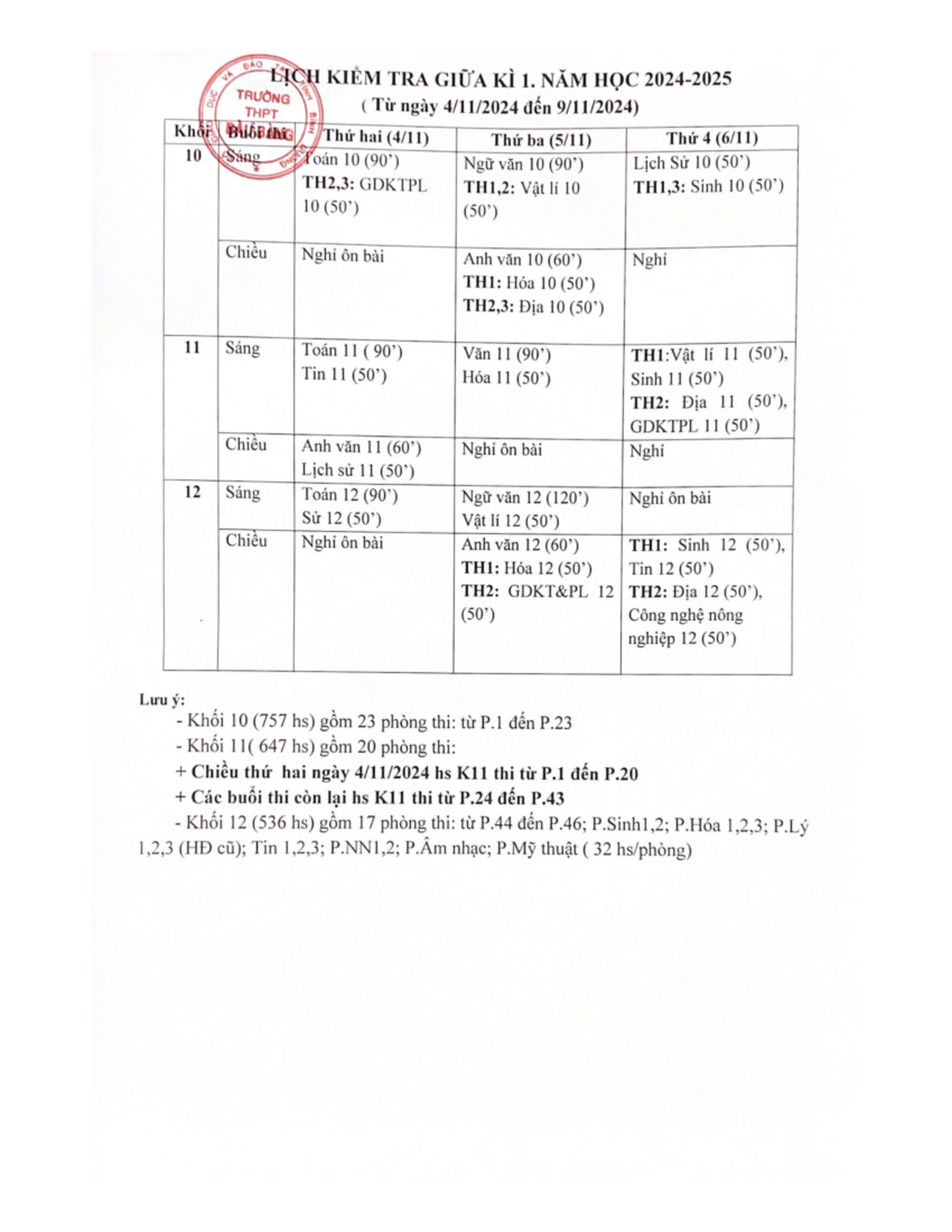 Lịch KTGK1 2024-2025 - idk - DÃO VA LICH KIEM TRA Kì 1. NAM HQC DU TRUONG THPT Tir ngay dén Khoi ...