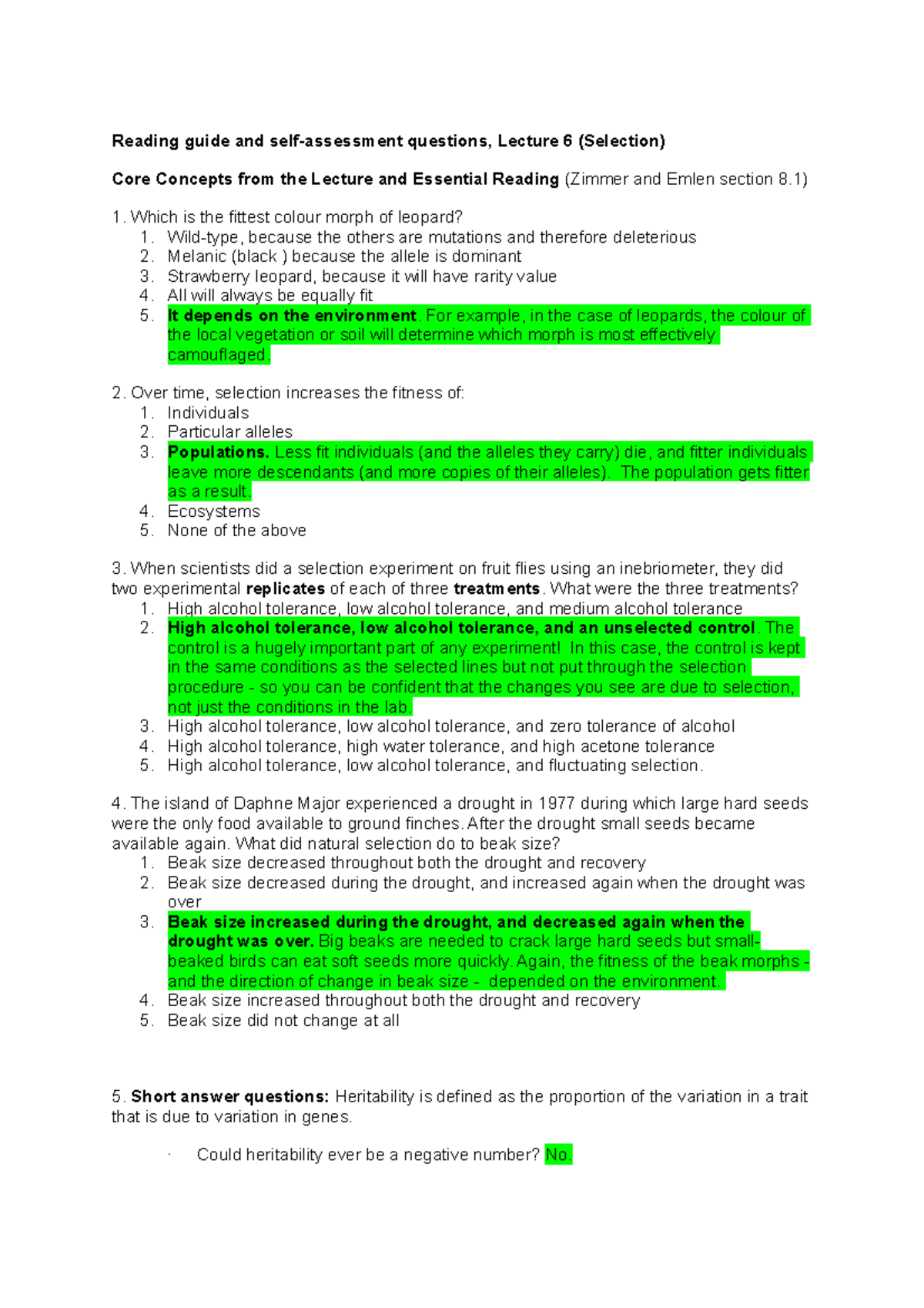 natural selection - Reading guide and self-assessment questions ...