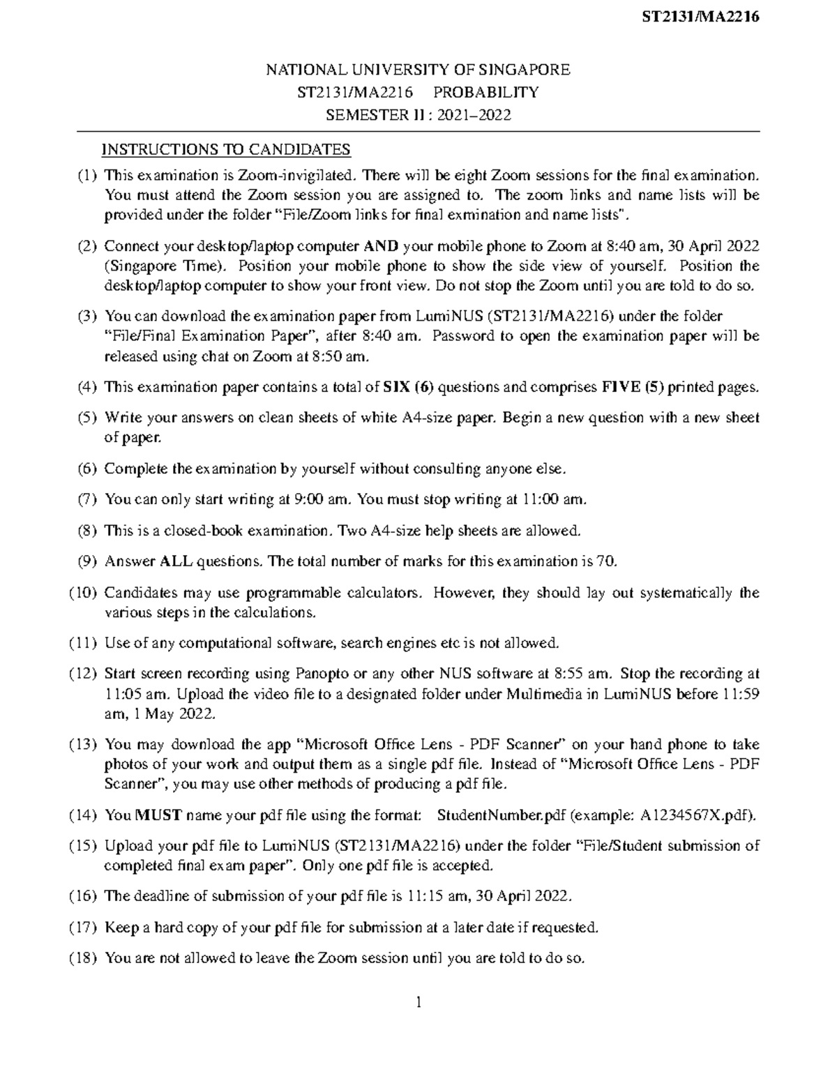 2022v4 st2131 final exam - NATIONAL UNIVERSITY OF SINGAPORE ST2131 ...