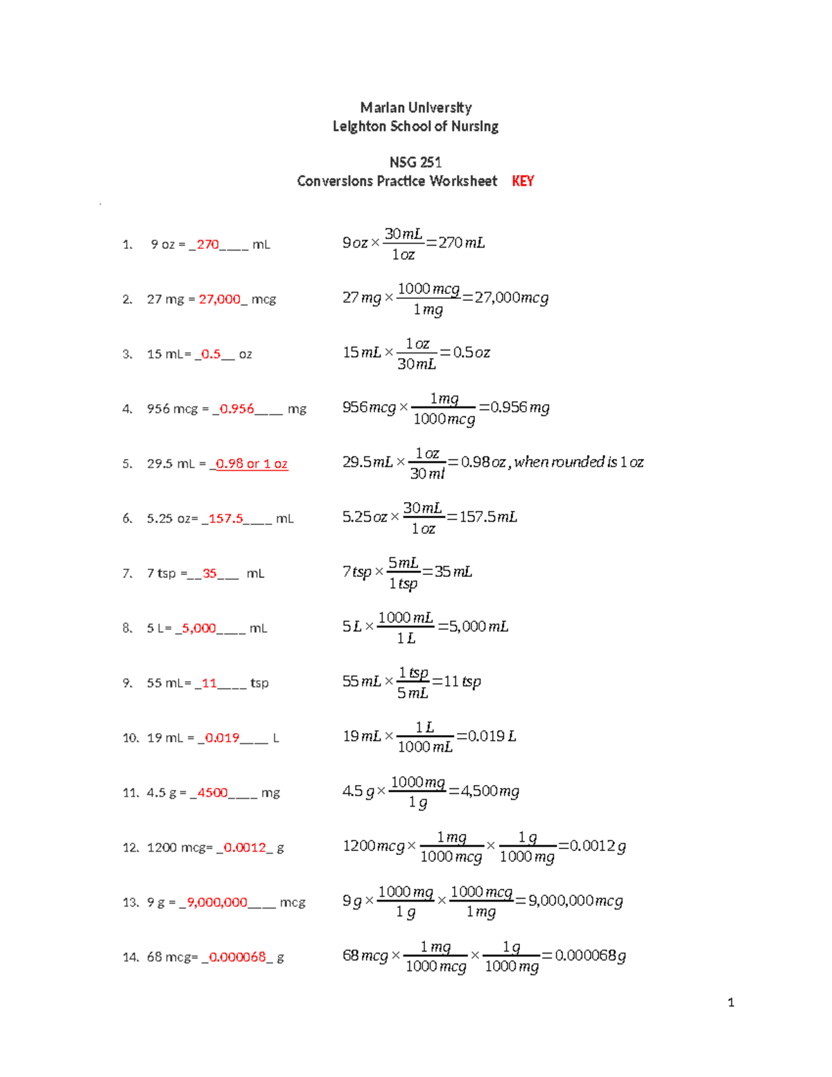 Conversion Day 1 Answer Key - Marian University Leighton School of ...