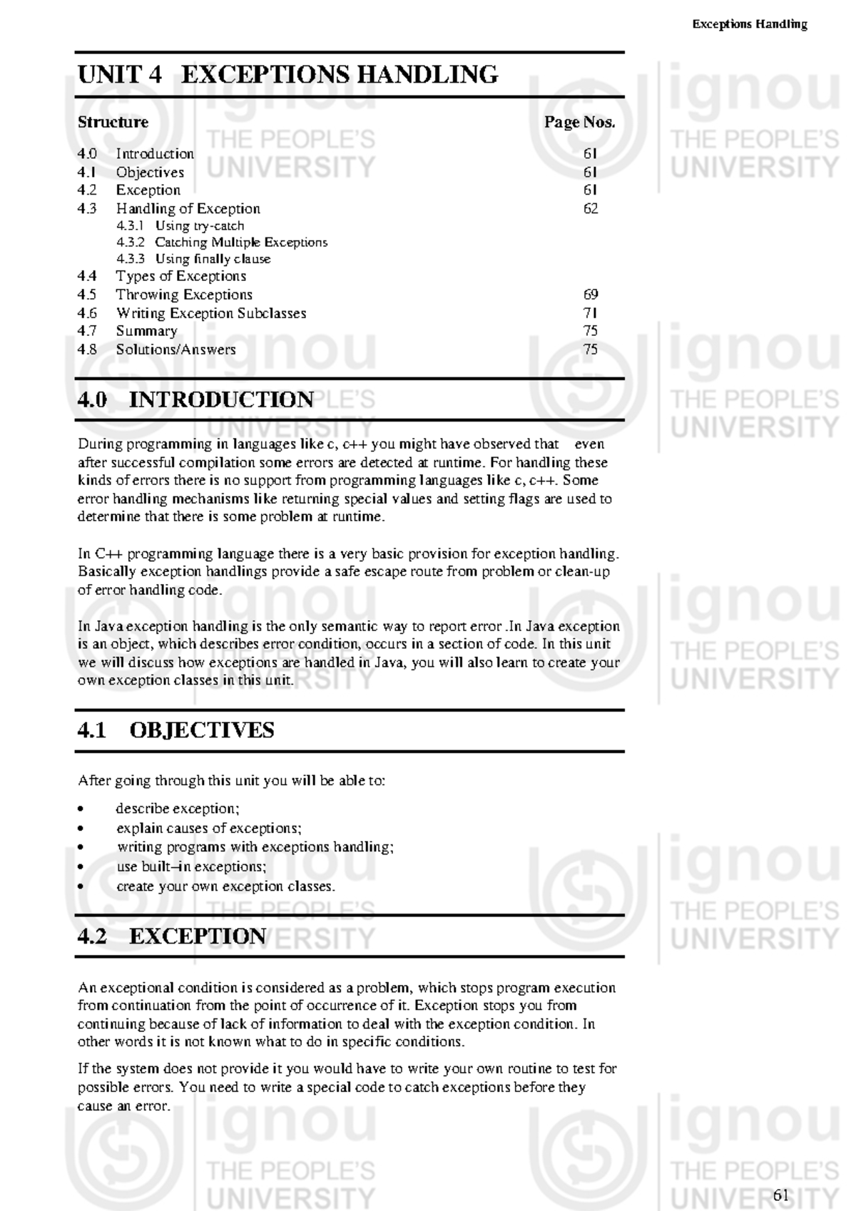 Unit-4 - Lol - Exceptions Handling UNIT 4 EXCEPTIONS HANDLING Structure Page Nos. 4 Introduction ...