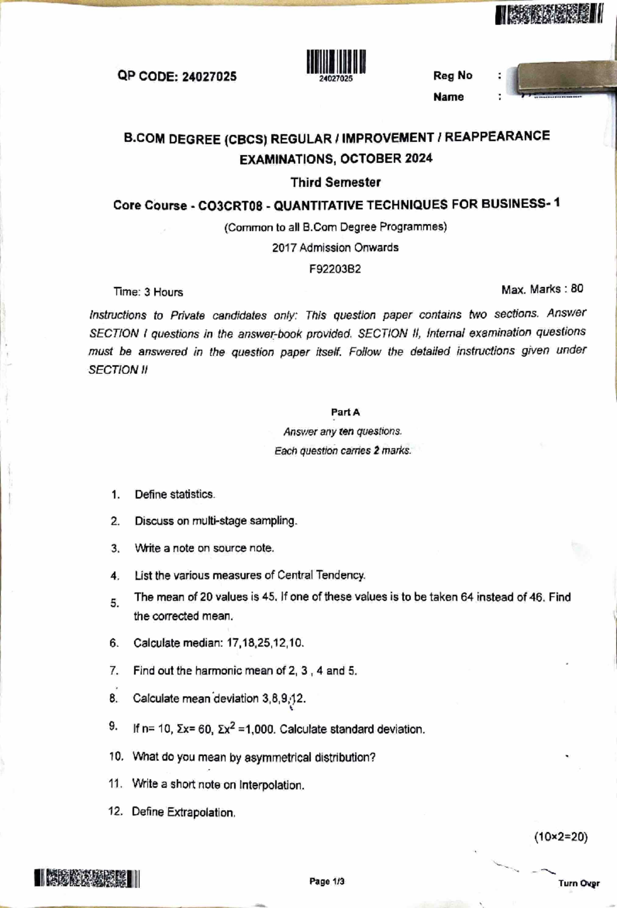 Quantitative Techniques for Business-1 - QP CODE: 24027025 1111111 IIIH I 2-4027025 Reg No Name ...