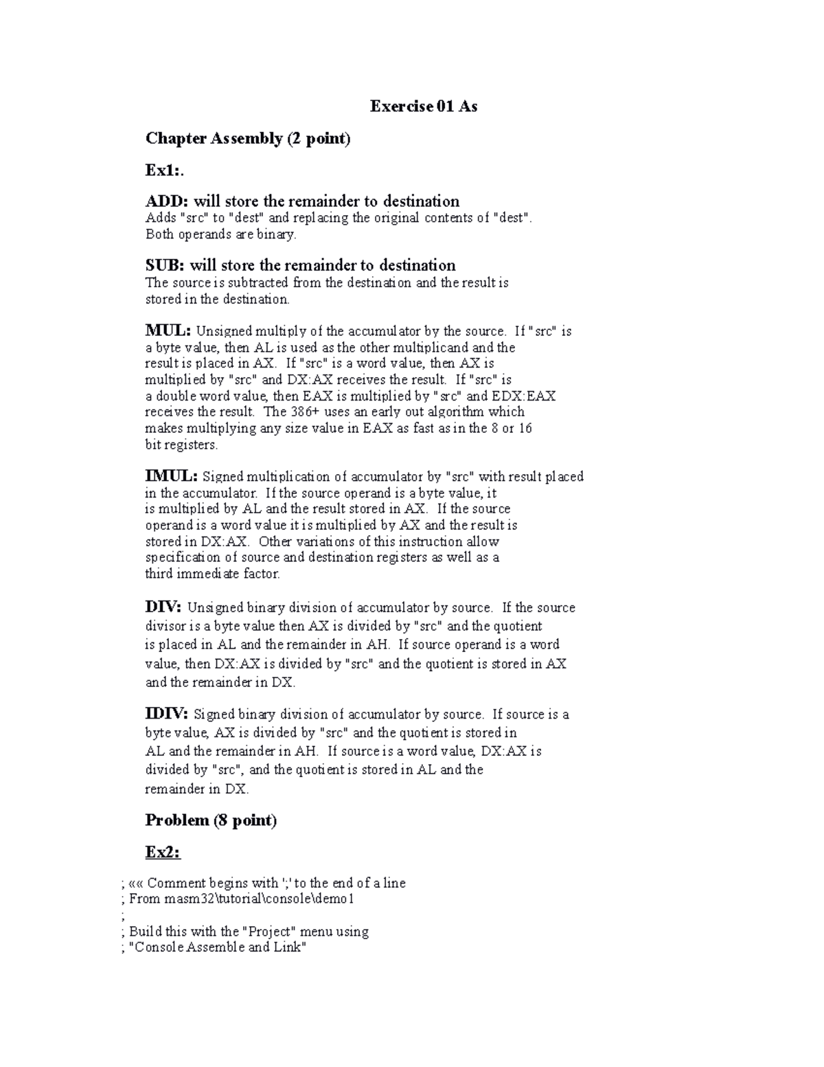 Exercise 2 - LAB - Exercise 01 As Chapter Assembly (2 point) Ex1:. ADD ...