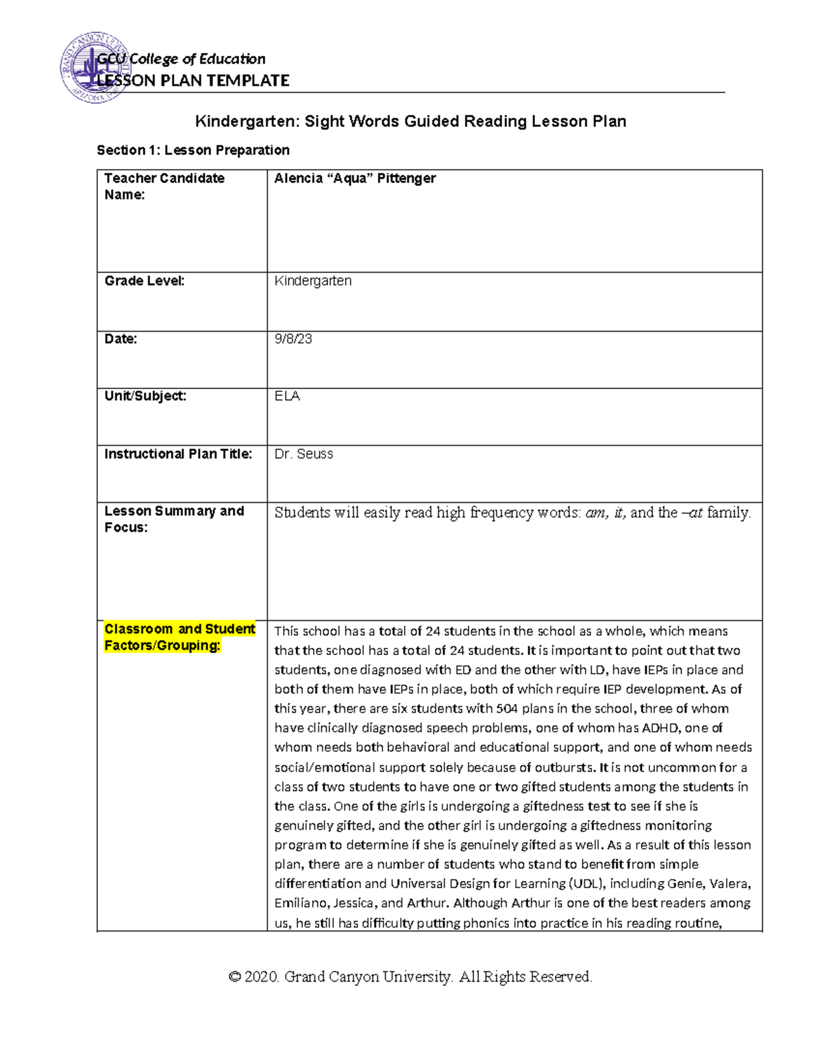 SPD-208 Kindergarten Sight Words Guided Reading Lesson Plan - LESSON ...