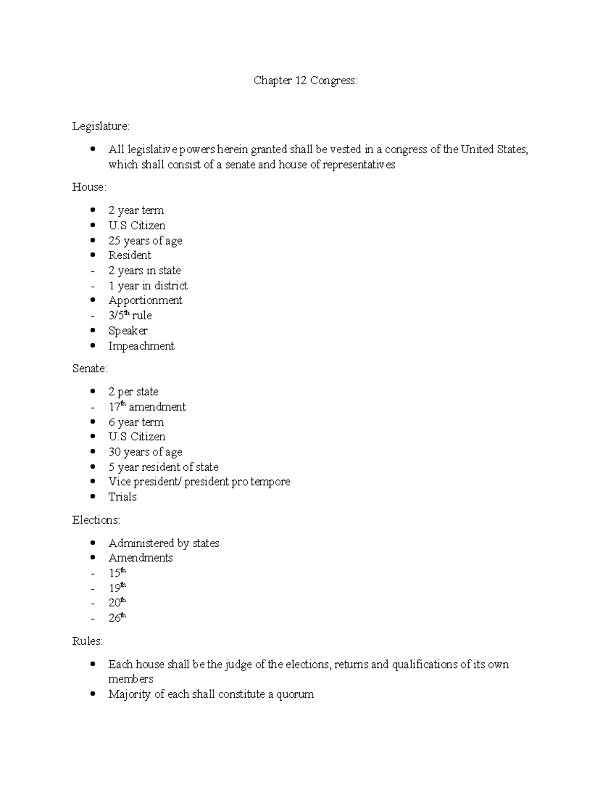 Chapter 12 notes - prof denman - Chapter 12 Congress: Legislature: All ...