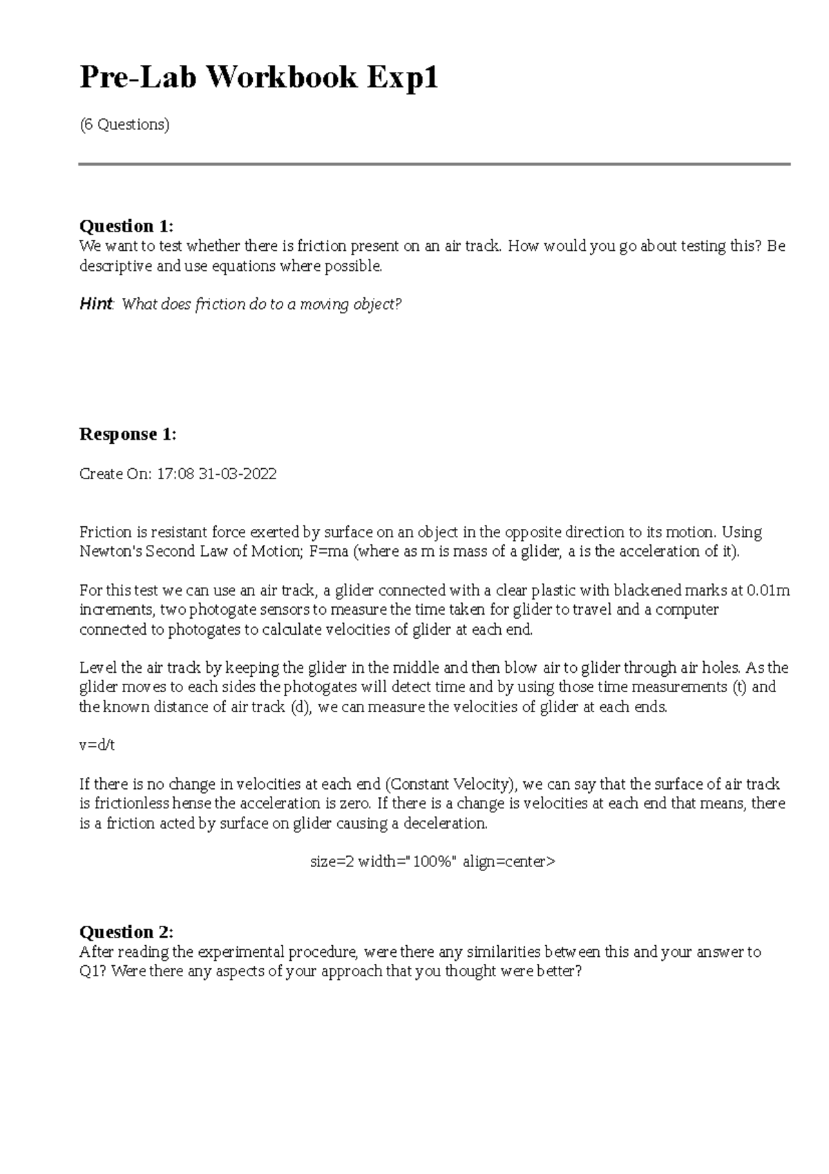Prelab questions and solutions - Pre-Lab Workbook Exp (6 Questions ...