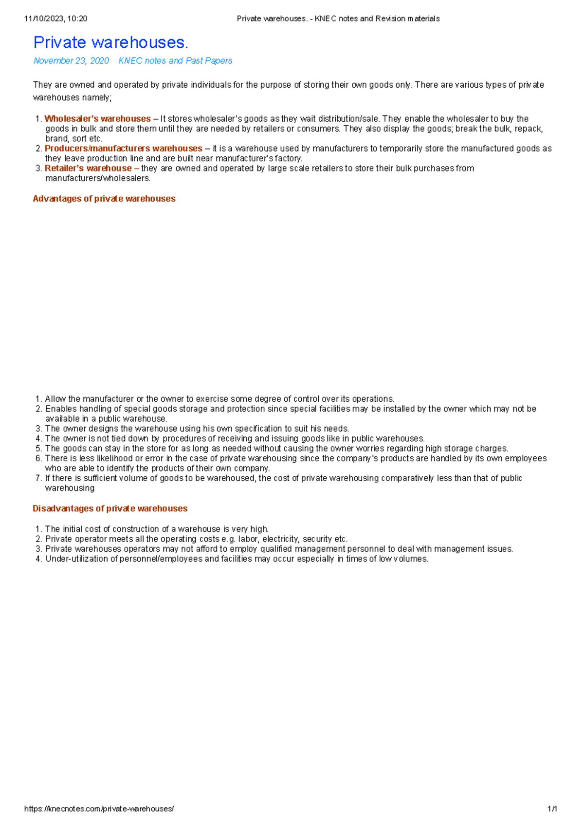 Private warehouses. - KNEC notes and Revision materials - 11/10/2023 ...