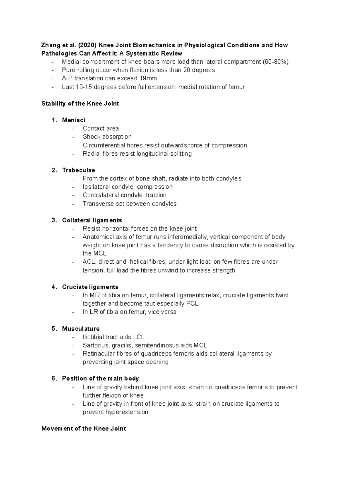 Knee - stability and movement of knee joint - Zhang et al. (2020) Knee ...