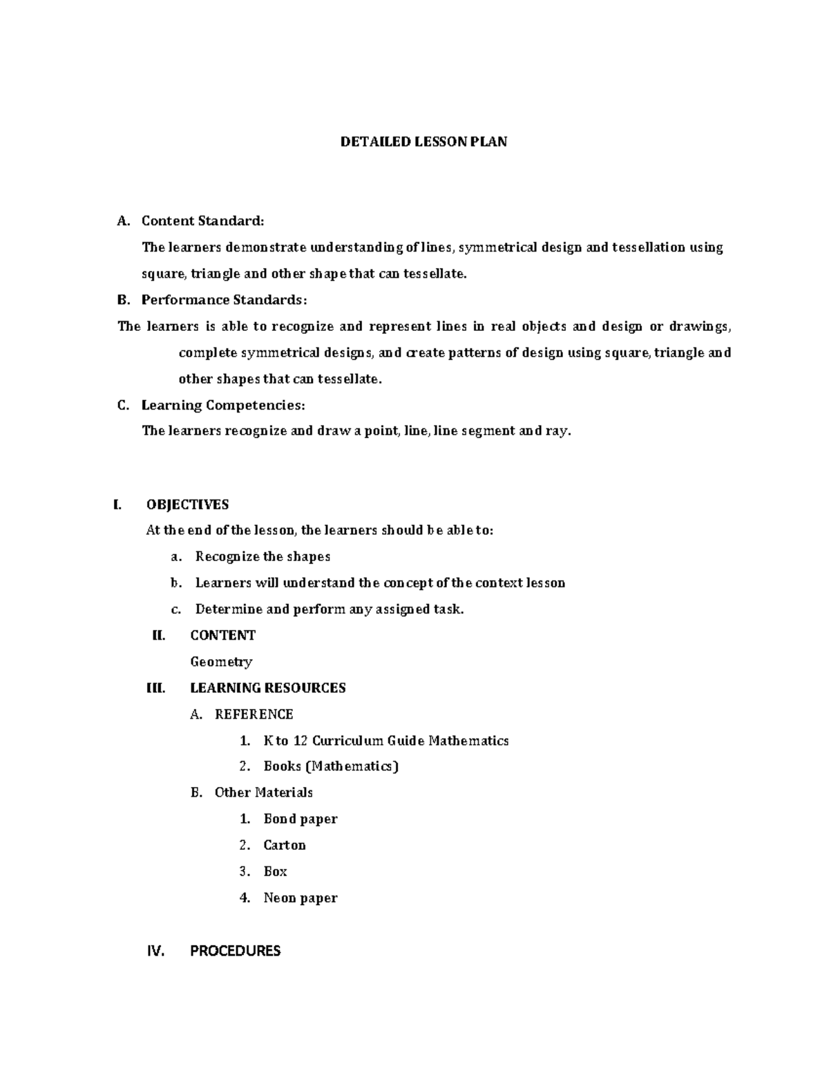 Detailed Lesson PLAN - DETAILED LESSON PLAN A. Content Standard: The ...