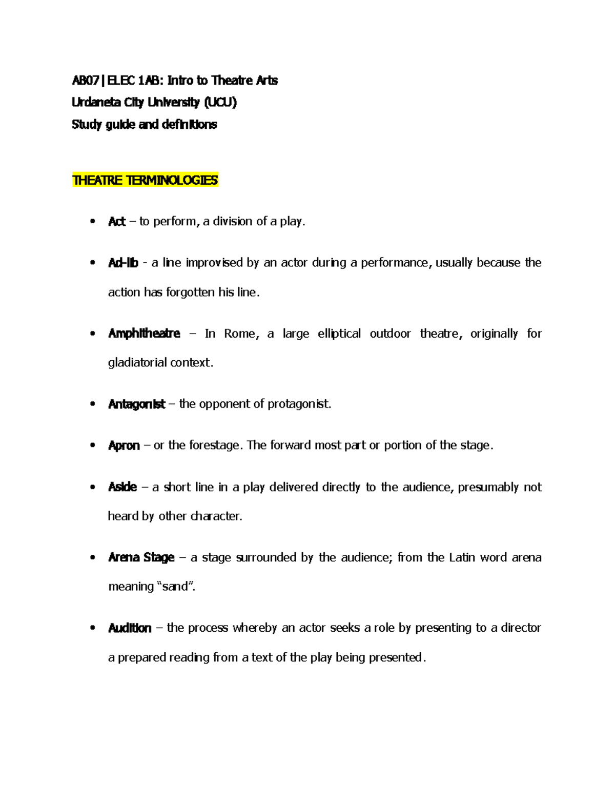 Theatre Terminologies - AB 07 | ELEC 1 AB: Intro to Theatre Arts ...