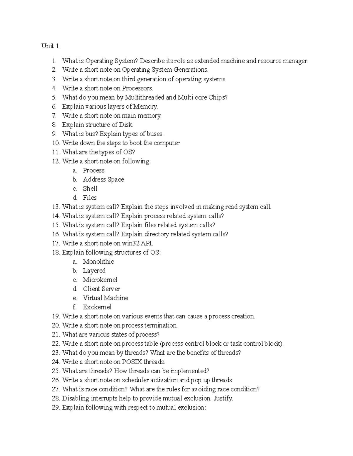 OS Question Bank-1 - Unit 1: 1. What is Operating System? Describe its ...