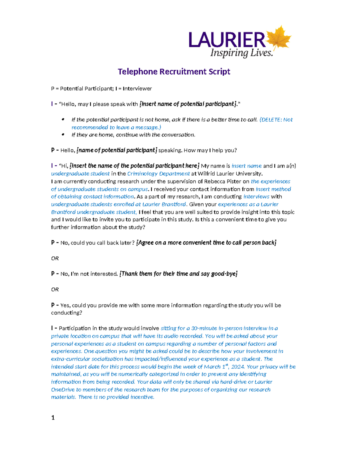 Final Group 3 - Recruitment+Telephone Script - Telephone Recruitment ...