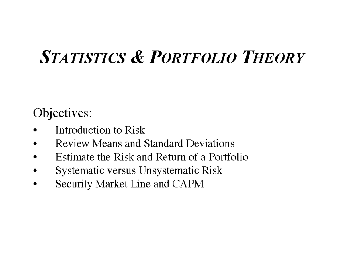 Finance Statistics CAPM - STATISTICS & PORTFOLIO THEORY Objectives ...