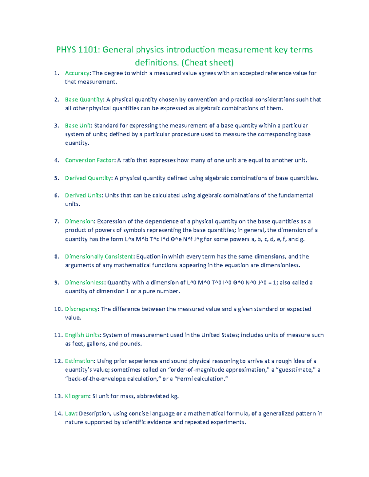 PHYS 1101 General physics introduction measurement key terms ...