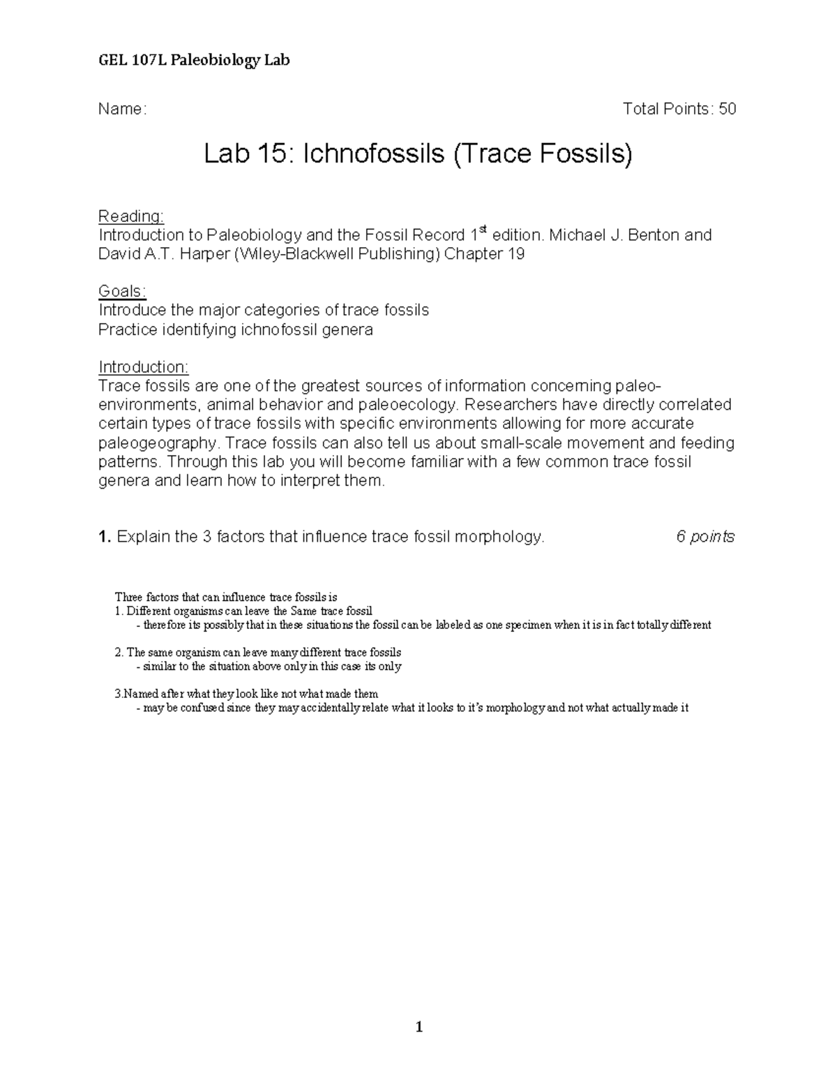 Lab 15 - Lab - Name: Total Points: 50 Lab 15: Ichnofossils (Trace Fossils) Reading: Introduction ...