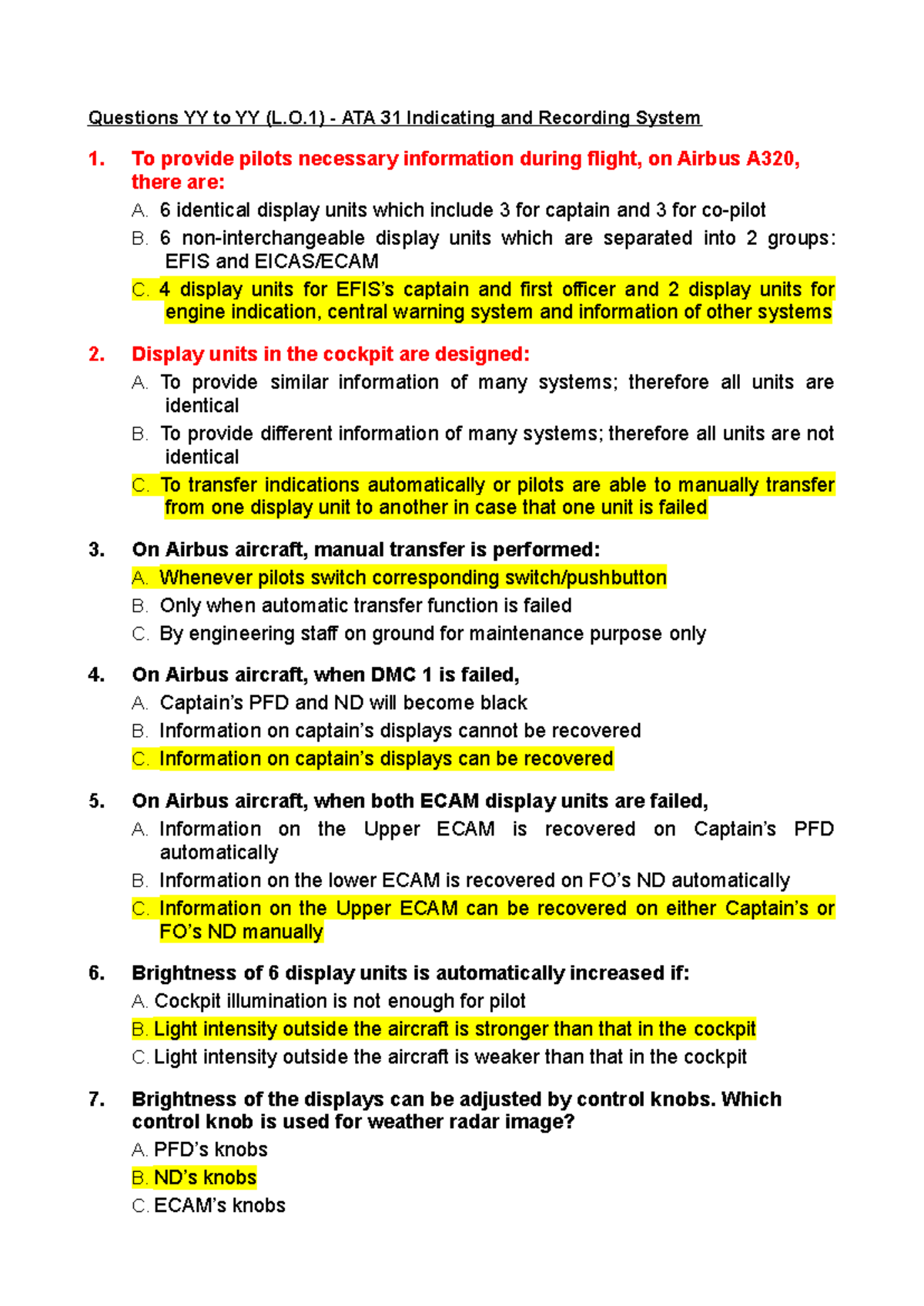 ATA 31 Review Questions - Questions YY to YY (L.O) - ATA 31 Indicating ...