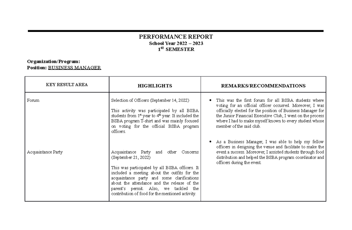 Perfromance- Report 1 - Credit and collection - PERFORMANCE REPORT ...