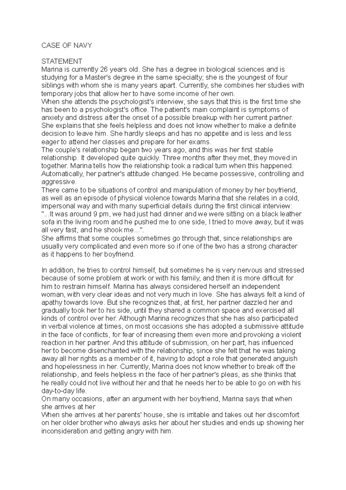 CASE OF NAVY - Study guide - CASE OF NAVY STATEMENT Marina is currently ...