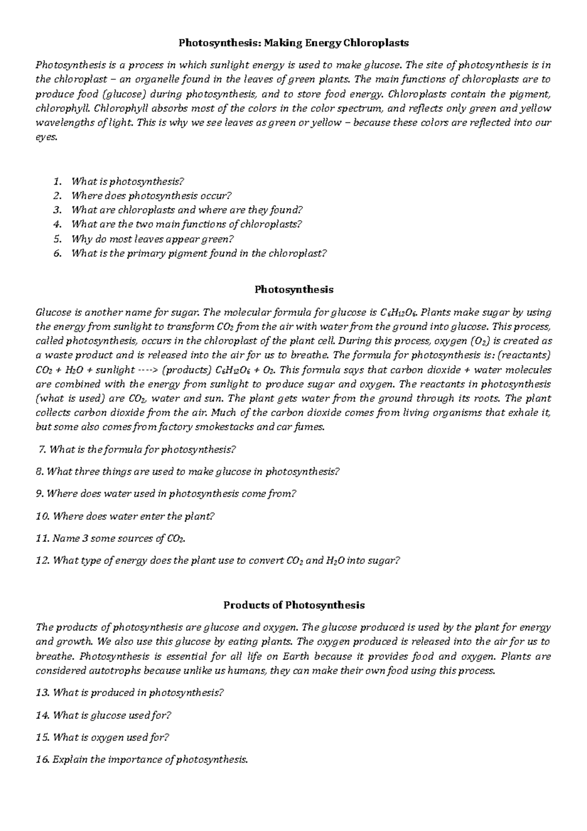 Photosynthesis review - Photosynthesis: Making Energy Chloroplasts ...