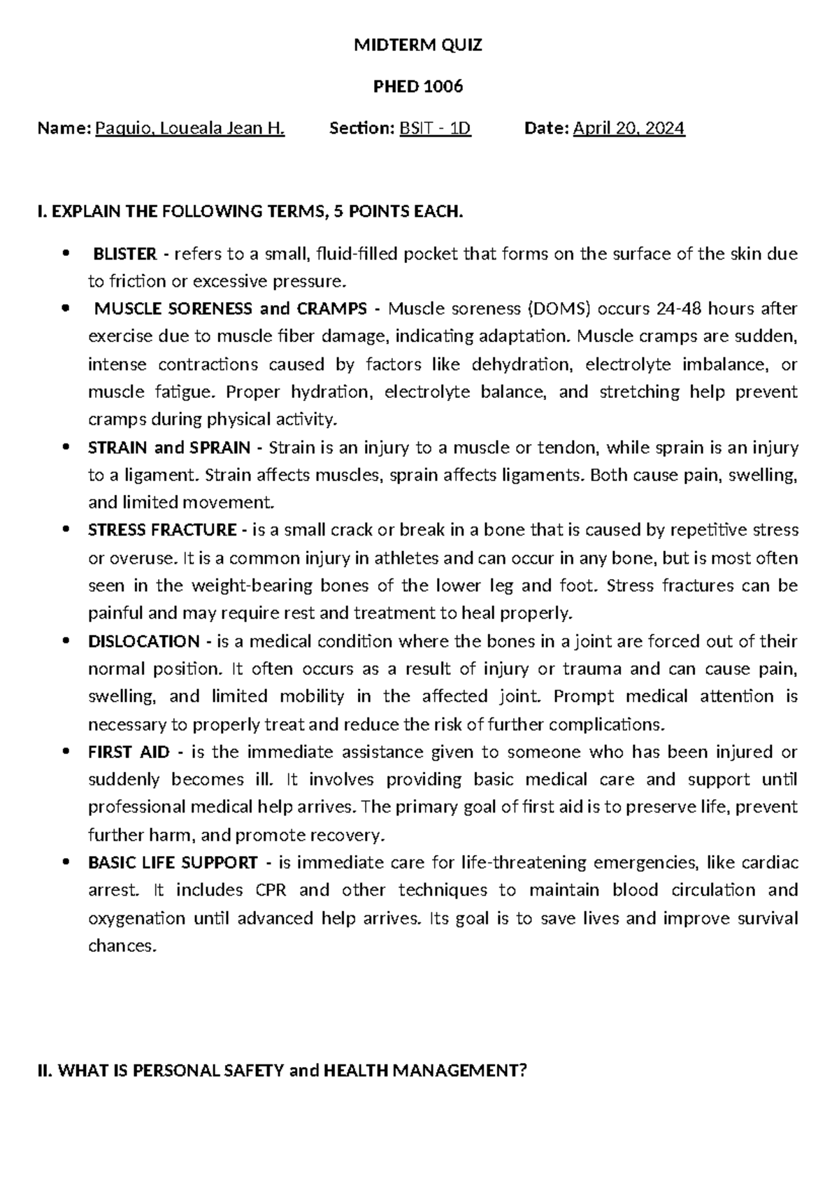 PE Midterm Quiz - Hxhxbxbx - MIDTERM QUIZ PHED 1006 Name: Paquio, Loueala Jean H. Section: BSIT ...