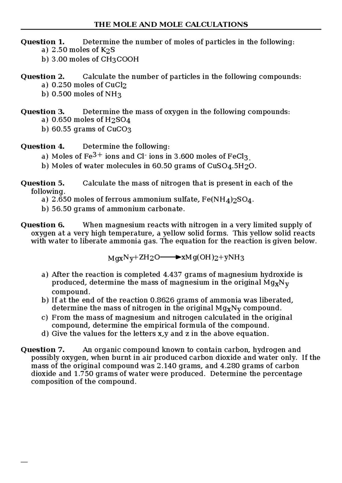 3. Mole questions - Worksheet - THE MOLE AND MOLE CALCULATIONS Question ...