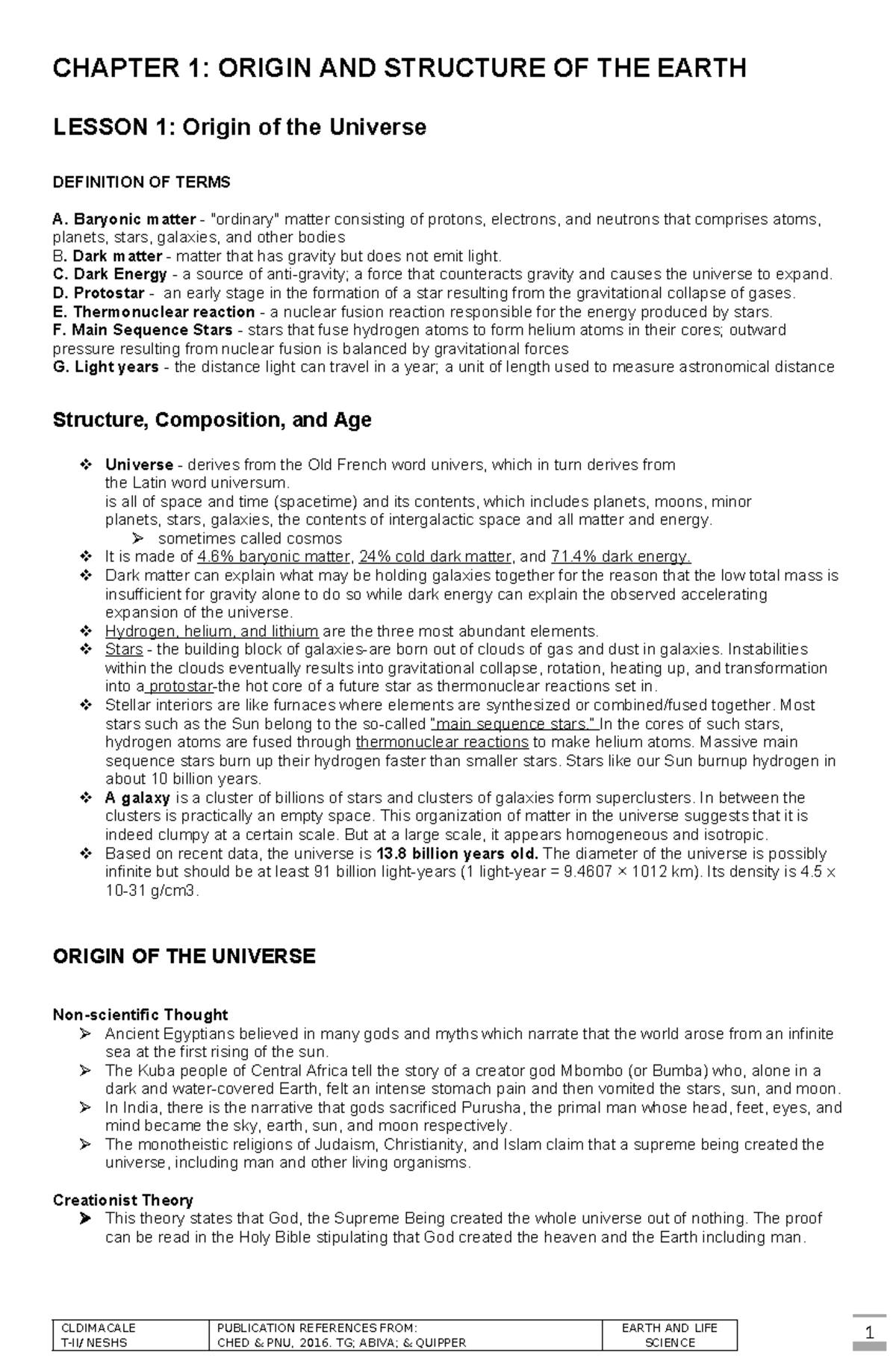 Chapter 1 Origin AND Structure OF THE Earth - 1 CHAPTER 1: ORIGIN AND ...